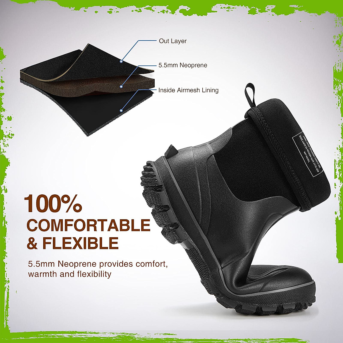 TIDEWE Rubber Boots for Men, 5.5mm Neoprene Insulated Rain Boots with Steel Shank, Waterproof Mid Calf Hunting Boots, Sturdy Rubber Work Boots for Farming Gardening Fishing (Black Size 9)