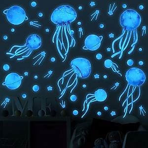 4 Sheets Starry Sky Jellyfish Wall Sticker Glow in The Dark Wall Stickers Planet Blue Luminous Wall Decals DIY Peel Stick Art Decor for Walls Ceiling Kids Bedroom Living Room Nursery Girls and Boys (Blue)