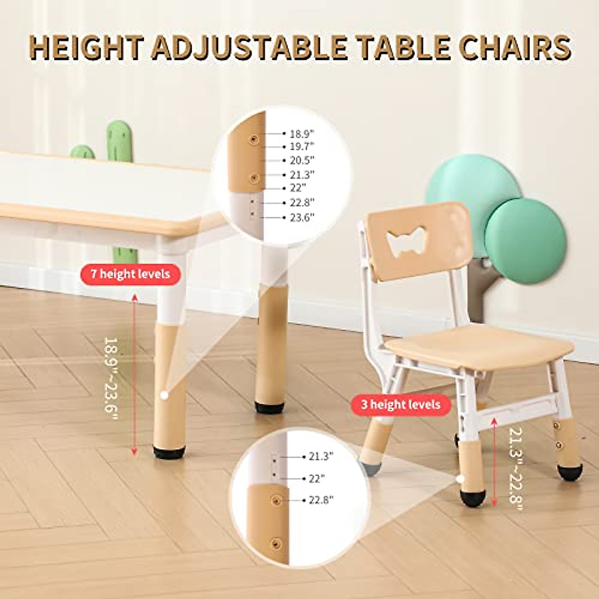JIAOQIU Kids Art Table and Chair Set with 4 Seats Height Adjustable Children Study Desk Easy to Clean Assemble Max Load 330lb Plastic Toddler Table and Chair Set for School Home Burlywood