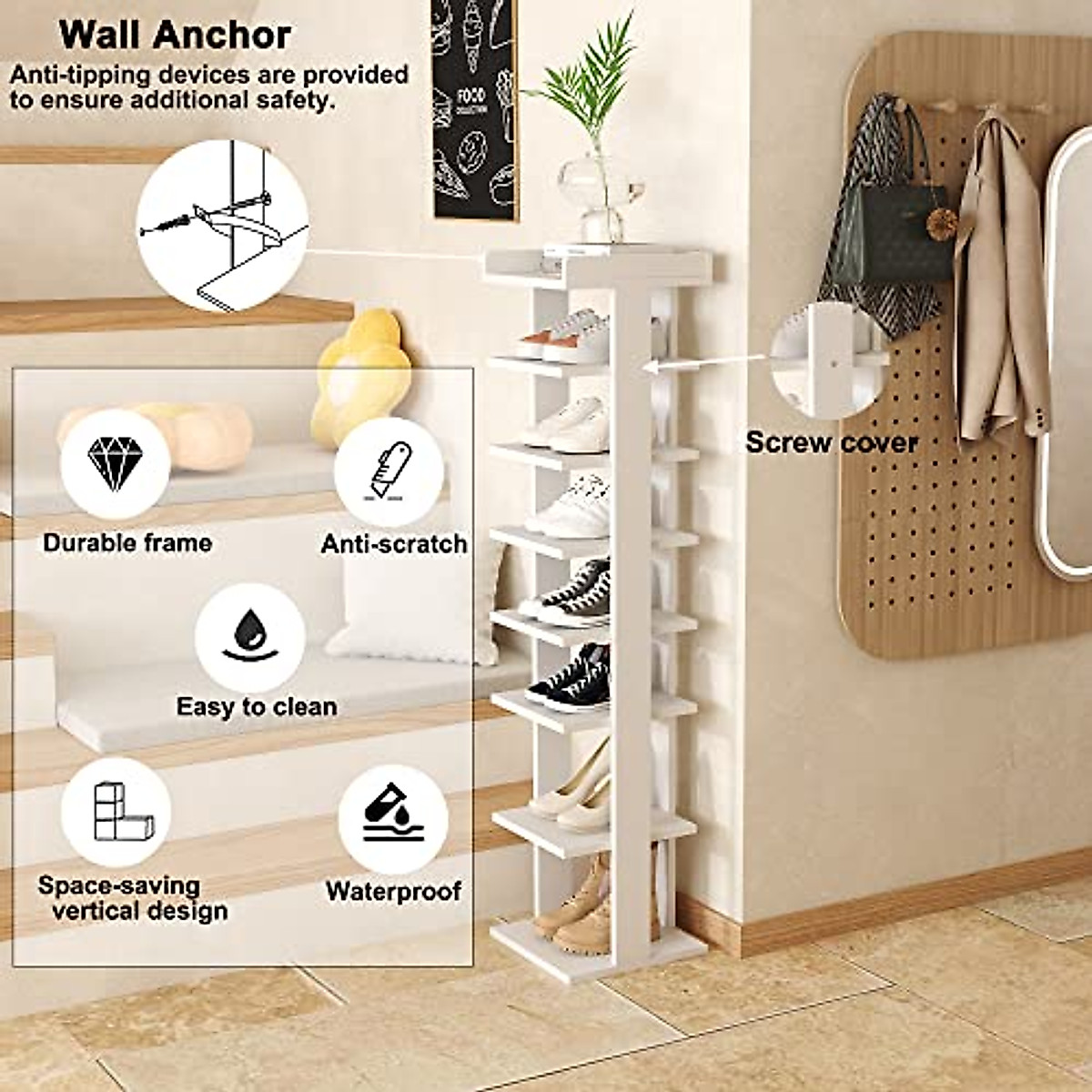 HOMEFORT 7-Tier Wood Shoe Rack, Entryway Shoe Tower,Vertical Shoe Organizer, Wooden Shoe Storage Stand(White)