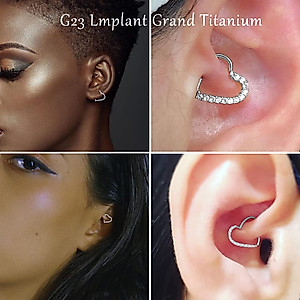 VOJO 16G G23 Titanium Daith Piercing Jewelry Heart Clicker Cartilage Tragus Earring for Women (8mm,For Right Ear Silver)