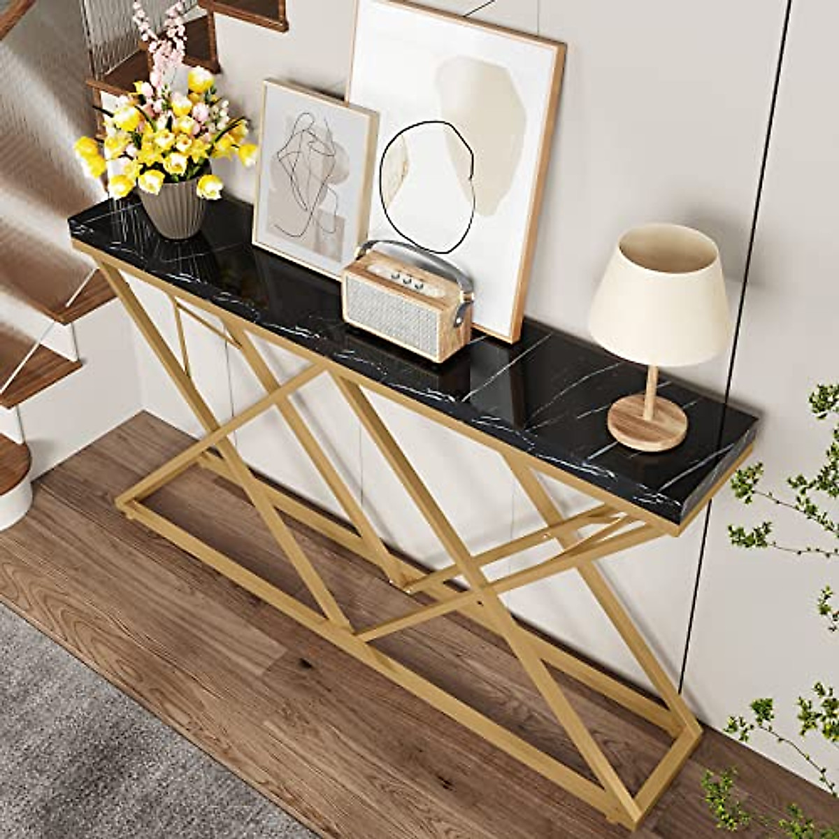 Tribesigns 55" Console Table, Modern Entryway Hallway Table with Diamond-Shaped Gold Metal Legs, Faux Marble Black Wood Sofa Table Foyer Table for Living Room, Entryway, Hallway, Black and Gold