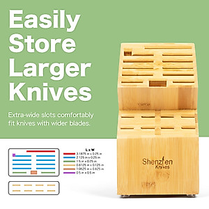 Shenzhen Knives 20 Slot Universal Knife Block: X-Large Bamboo Finish Wood Knife Block without Knives Countertop Butcher Block Knife Holder and Organizer with Wide Slots for Easy Kitchen Knife Storage