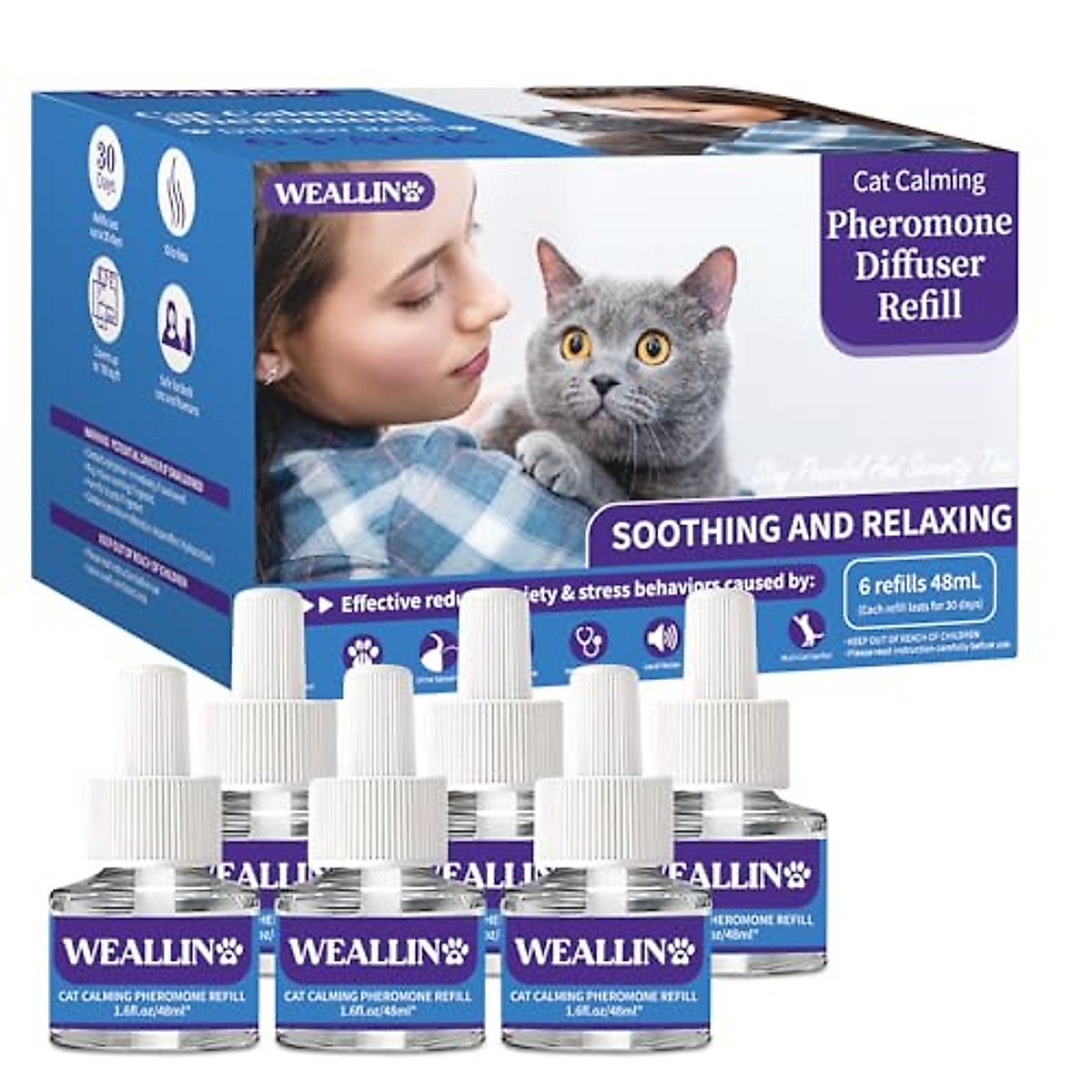 WEALLIN 6 Pack Cat Calming Diffuser Refills - Cat Pheromones Calming Diffuser Refill Relieve Anxiety & Stress 6 Month Supply, Cat Pheromone Diffuser Refills (Fits All Common Diffuser Heads)