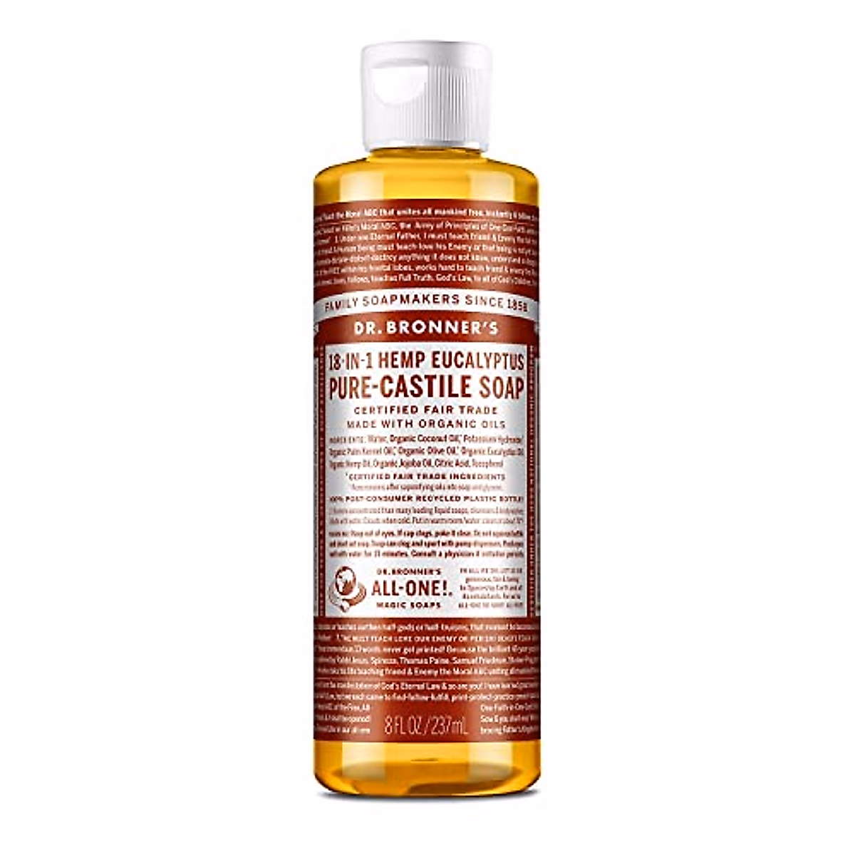 Dr. Bronner’s - Pure-Castile Liquid Soap (Eucalyptus, 8 ounce) - Made with Organic Oils, 18-in-1 Uses: Face, Body, Hair, Laundry, Pets and Dishes, Concentrated, Vegan, Non-GMO
