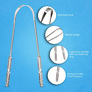 Tongue Scraper for Adults by HOKIN (2Pcs Oral Care Pack) Stainless Steel Tongue Cleaners Reduce Bad Breath 100% Metal Tough Scrapers Men and Women Hygiene Product