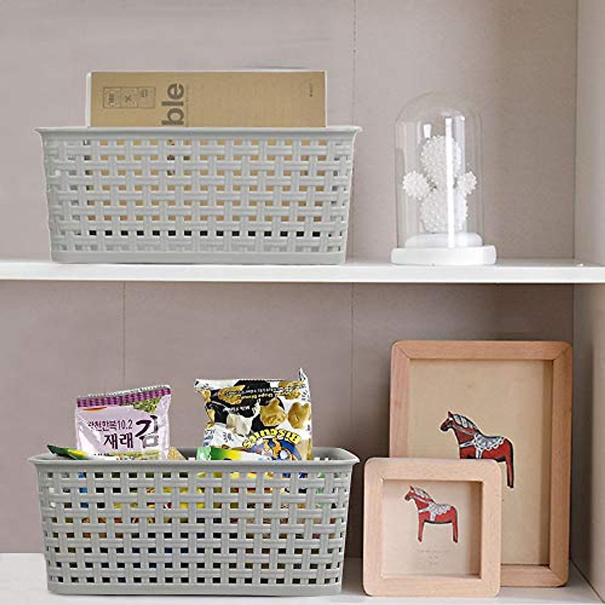 Fiazony Woven Plastic Storage Baskets, 10.03" x 7.55" x 4.09", Set of 6, Lightly Gray