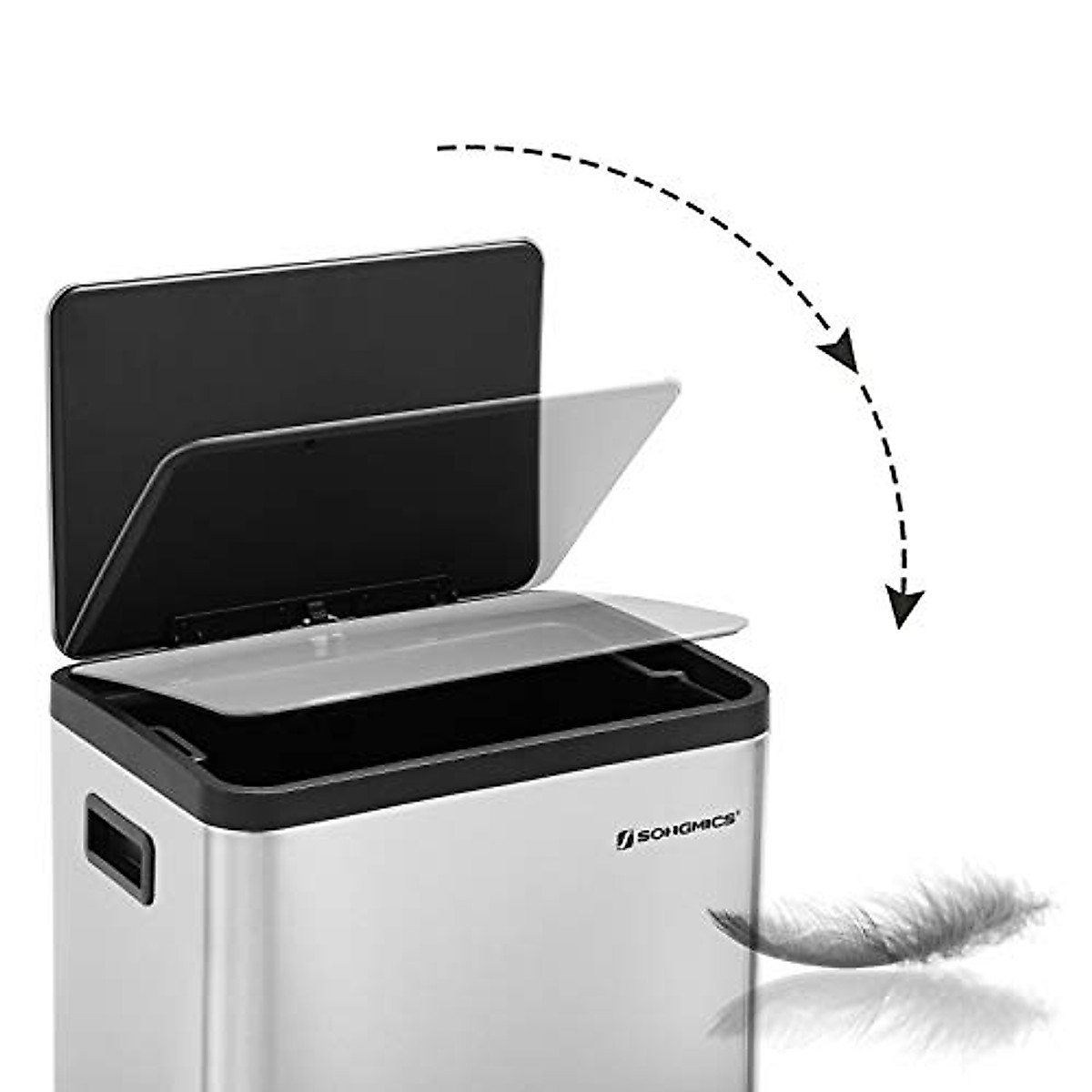 SONGMICS Trash Can, 12-Gallon Pedal Garbage Can, Stainless Steel Step Bin, Plastic Inner Bucket and Lid, Soft Closure, Fingerprint Proof, for Kitchen, Living Room, Silver ULTB007E01