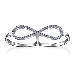 Boho Simple Romantic Large Pave Cubic Zirconia Elegant Cubic Zirconia Fashion Statement CZ Pave Infinity Two Finger Ring For Teen Women .925 Sterling Silver