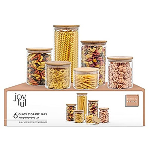 JoyJolt Borosilicate Glass Jars With Bamboo Lids. 6 Pc Set of Air Tight Sealable Containers. Food Jar Canisters with Airtight Lid for Pantry Storage and Kitchen Organization.
