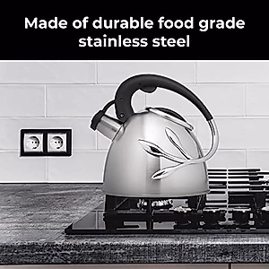 Everyday Solutions Whistling Tea Kettle; Vine Collection - Brushed Stainless Steel Kettle w/Ergonomic Heat Resistant Handle & Leaf Design - for Gas, Electric, or Convection Cooktop - 2 Quart Capacity