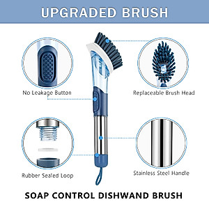 NileHome Dish Brush with Soap Dispenser Dish Scrubber with 4 Replaceable Heads Kitchen Dish Scrub Brush with Stainless Steel Handle Dish Cleaning Brush Dish Wand for Dishes, Pots…