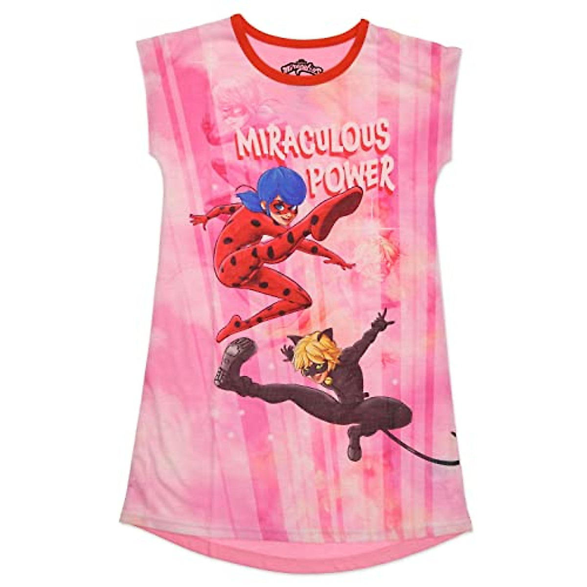 Miraculous Ladybug Pajamas for Girls Nightgown and Slipper Set, Short Sleeve Dorm Shirt, Red/Pink, Size 7/8