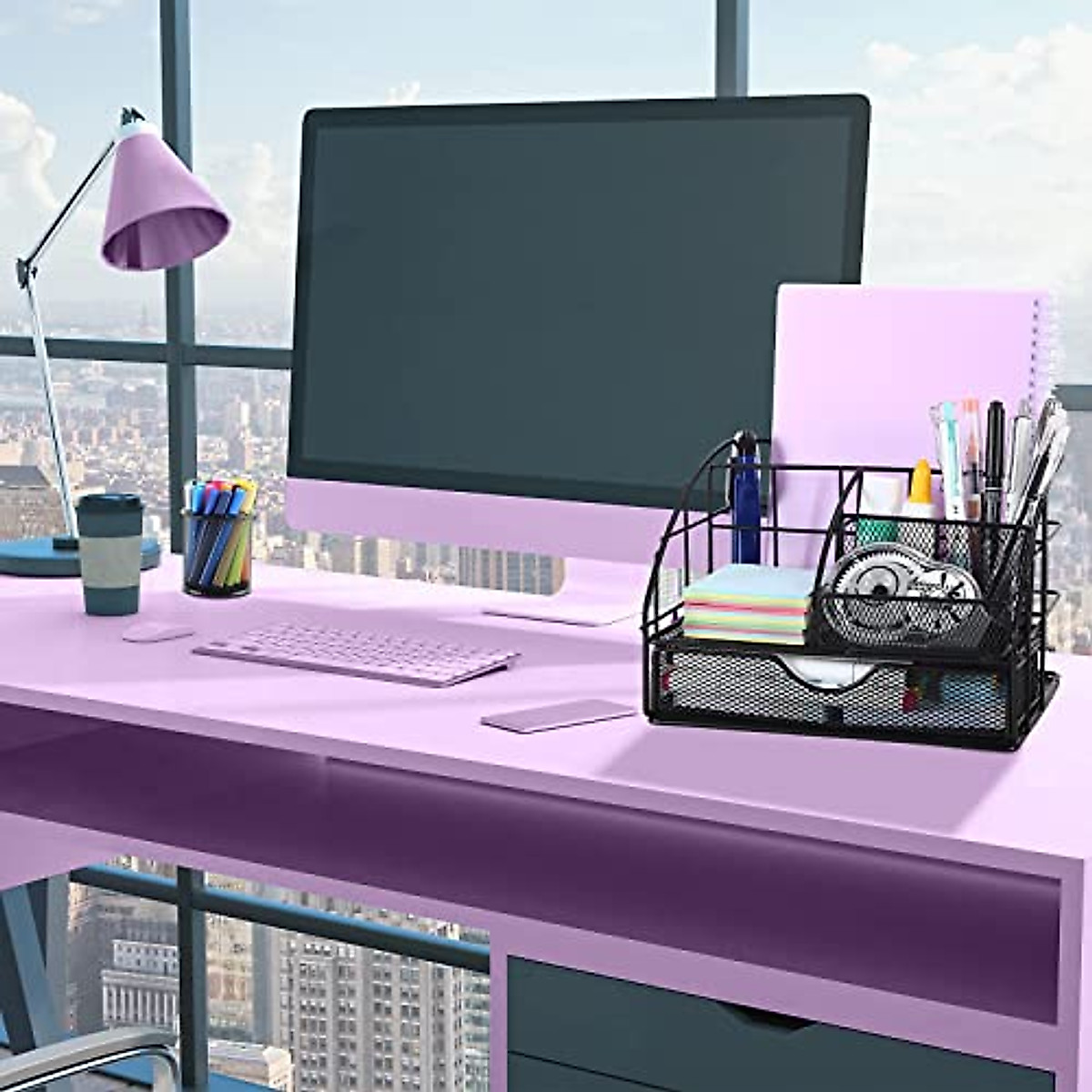 AOFUXTI Office Supplies Desk Organizer - Desk Organizers and Accessories, Office Supplies Set with Pen Holder, Stapler and 72 Clips Set for Office, Home, School, Black