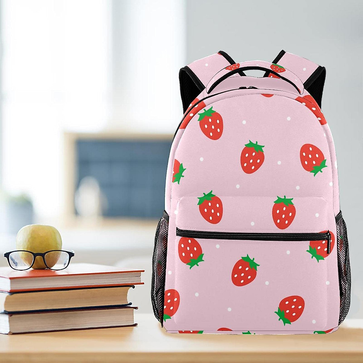 JAVENPROEQT School Backpack For Girls Boys, Kawaii Strawberry Pink Patterns Casual Bookbag With Water Bottle Pocket
