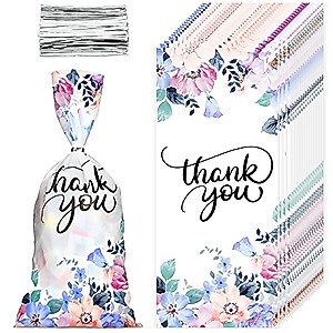 100 Pieces Floral Thank You Treat Bags Floral Cellophane Bags Blessing Candy Bag Flower Pattern Cello Treat Bags with 150 Pieces Silvery Twist Ties for Chocolate Candy Snacks Cookies Birthday Party