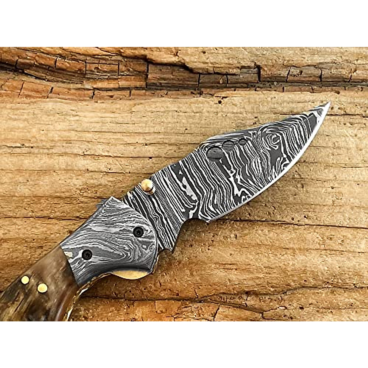 Damascus Steel Folding Pocket Knife With Ram Horn Handle - 100% Handmade Gift Knives for Men With Leather Sheath - 7.5 inches Knives For Hunters - Perfect for Any Occasion, Birthday, Anniversary, Wedding, Graduation