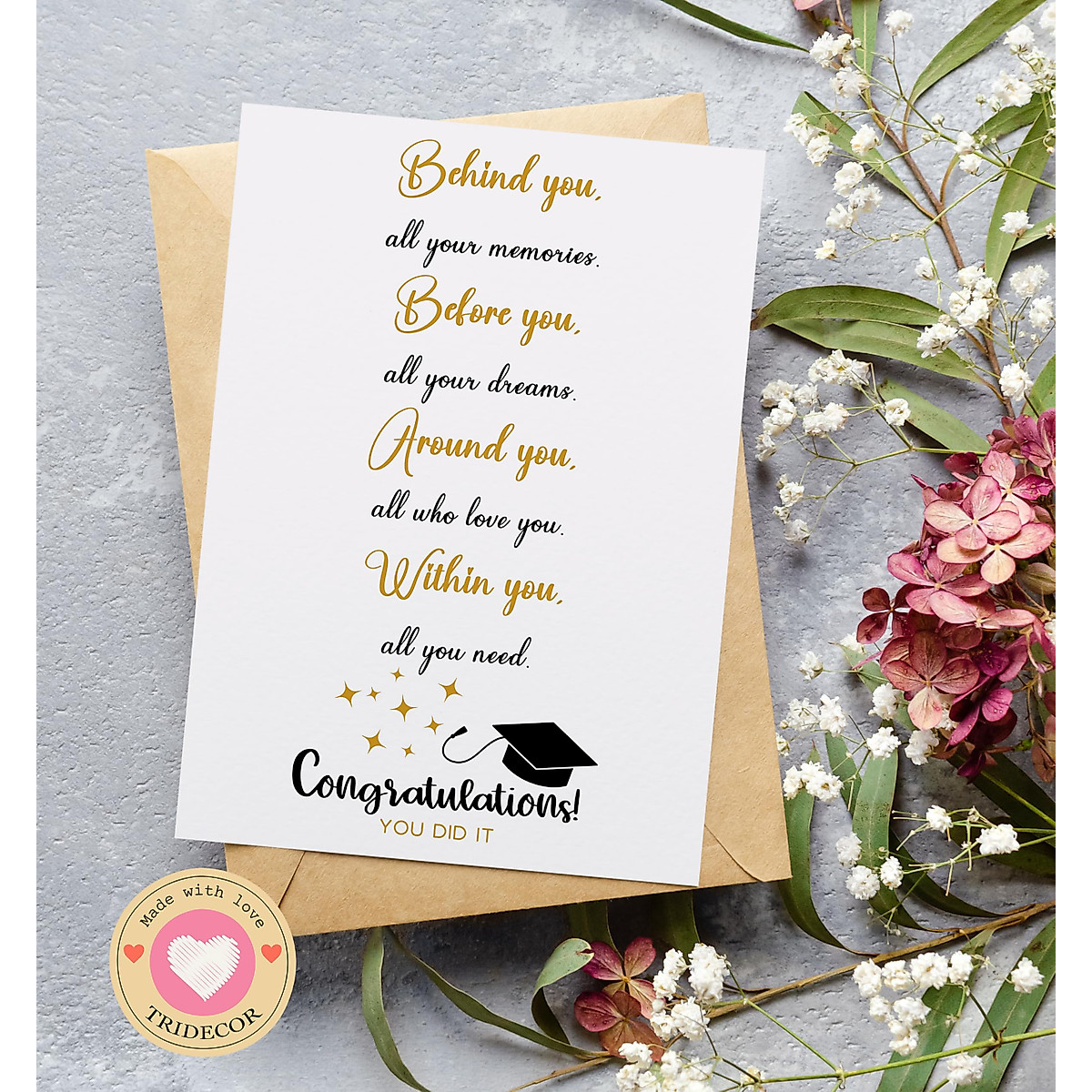 Graduation Card for Him Her, Cute Graduation Card Gift for High School College Grad, Behind You Before You Around You Within You Card - 5x7 inch Folded Card include Envelope, Sticker - Blank Inside