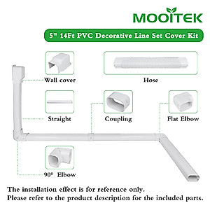 MOOITEK 5" 17Ft PVC Decorative Line Set Cover Kit for Ductless Mini Split Air Conditioners 17FT Line Set Cover for Heat Pump System and Central AC(Total Length 17Ft), White