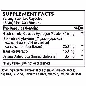 Thorne ResveraCel - Nicotinamide Riboside with Quercetin Phytosome and Resveratrol - Support Healthy Aging, Methylation and Cellular Energy Production - 60 Capsules - 30 Servings