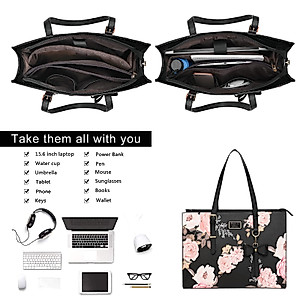 MOSISO Laptop Tote Bag Compatible with MacBook Air 15 inch M2 A2941/Pro 16 M3 M2 M1, 15-15.6 inch Notebook, Peony PU Leather Travel Work Briefcase with Detachable Bowknot & Small Purse, Black