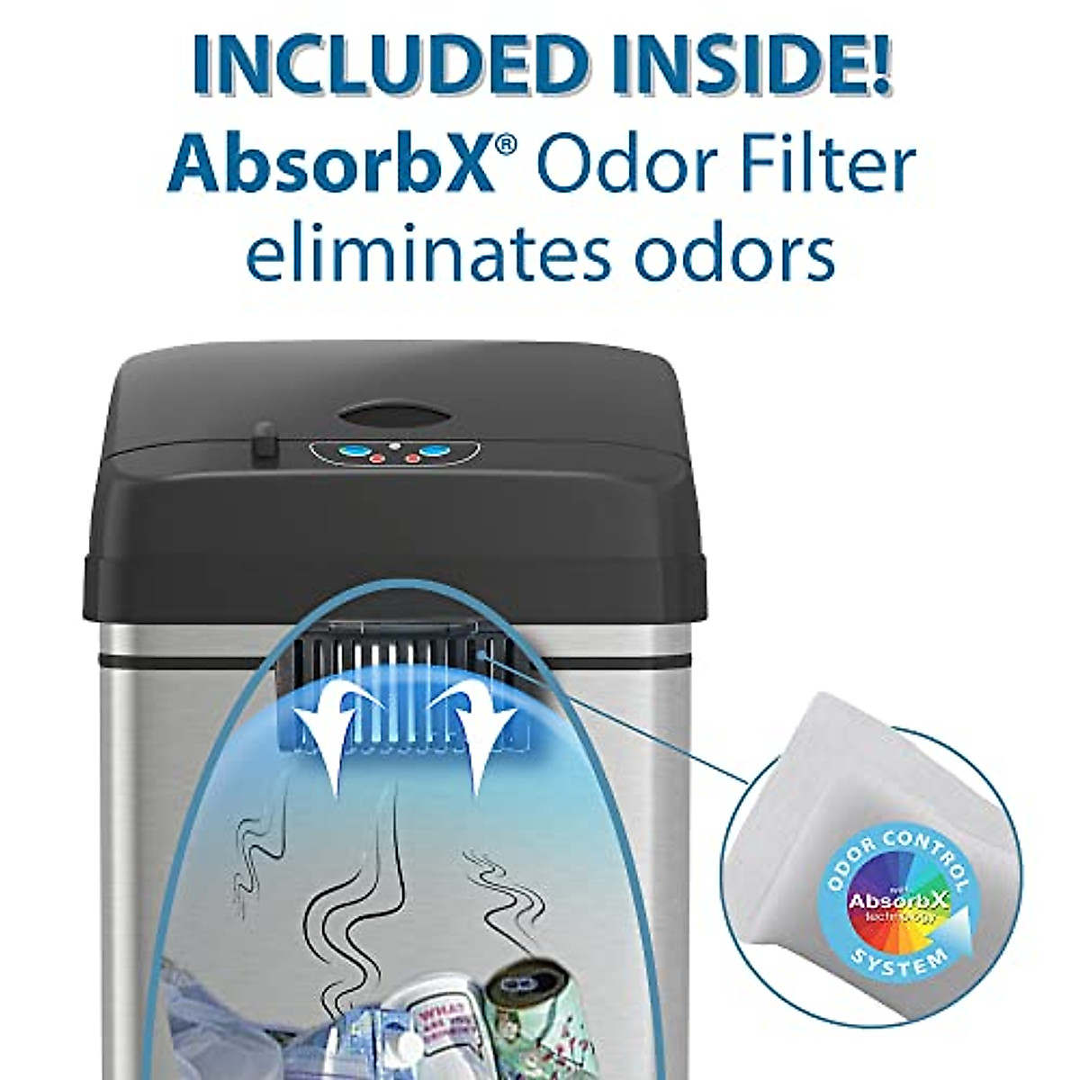 iTouchless Locking Lid 13 Gallon Sensor Kitchen Trash Can with AbsorbX Odor Filter & Wheels, Stainless Steel Mess-Free Garbage Bin, Powered by Batteries (not Included) or AC Adapter (Sold Separately)