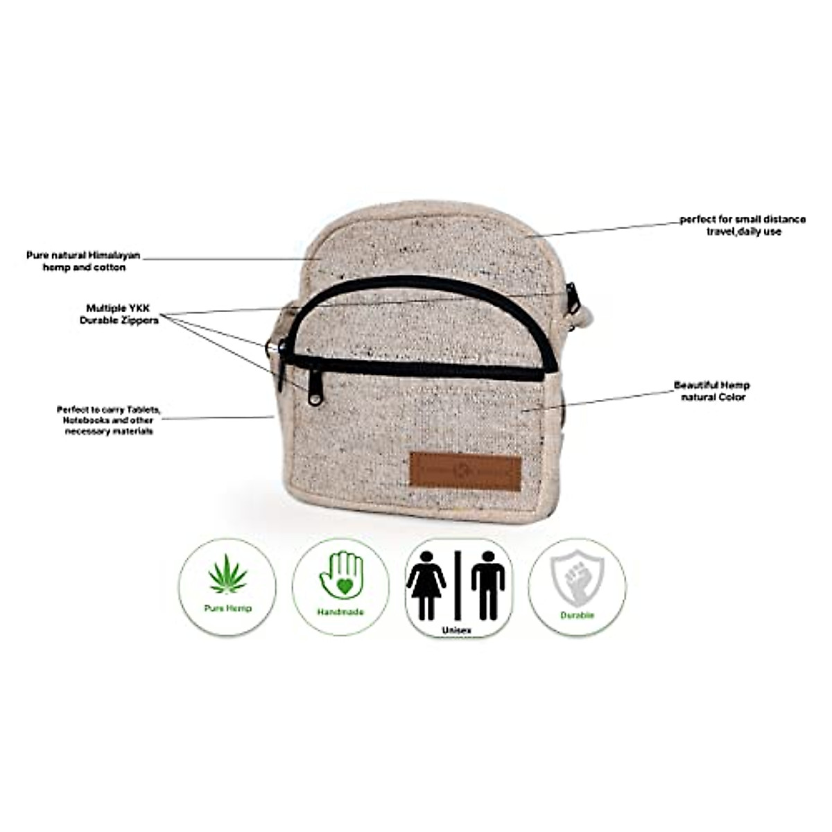 Crossbody Bag Purse Made From Pure Hemp - Unisex Hippie boho Tote Handmade shoulder bag for Travel, purse for men and women (Natural Khaki)