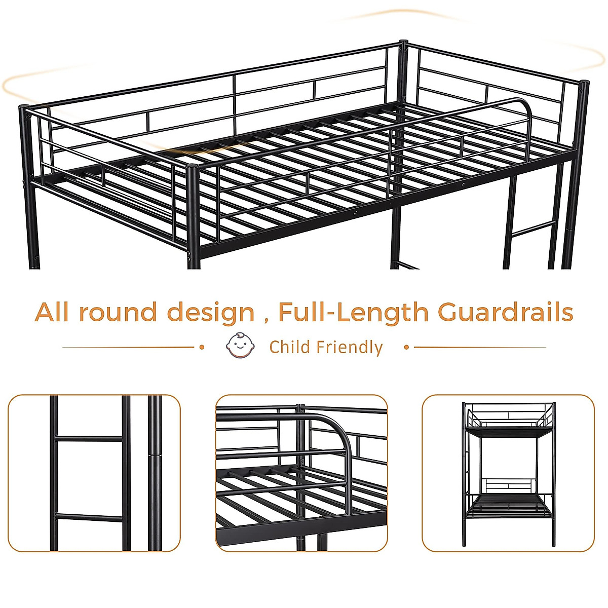Merax Bunk Bed with Ladder and high Guardrail, Able to Split, Metal Bunk Bed, Storage Space, Noise Free,Twin Over Twin Size Bunk Bed,Black