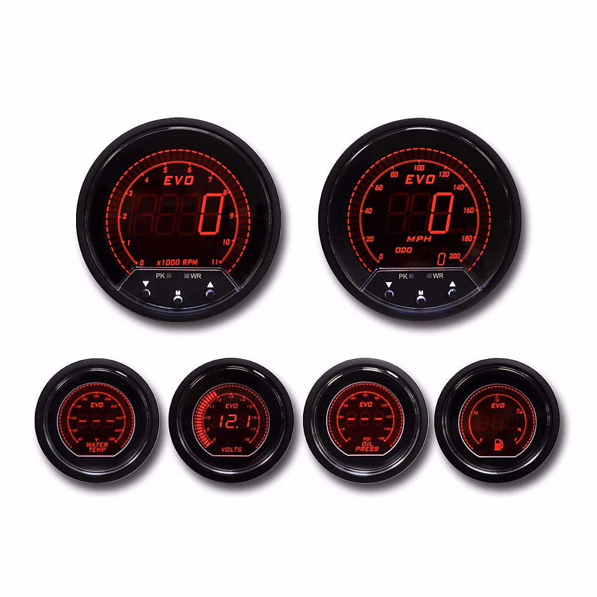 MOTOR METER RACING EVO Series Digital 6 Gauge Set - Blue & Red Switchable LED - 3-3/8" 85mm GPS Speedometer & Tachometer - 2-1/16" 52mm Voltage, Fuel Level, Water Temperature & Oil Pressure