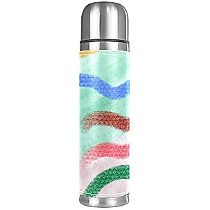 Stainless Steel Leather Vacuum Insulated Mug Colored Lines Thermos Water Bottle for Hot and Cold Drinks Kids Adults 16 Oz