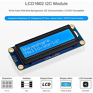 waveshare AiP31068 LCD1602 I2C Module,16x2 Characters Display, White Color with Blue Background, Compatible with Arduino/Raspberry Pi/Raspberry Pi Pico/Jetson Nano/ ESP32, 3.3V/5V
