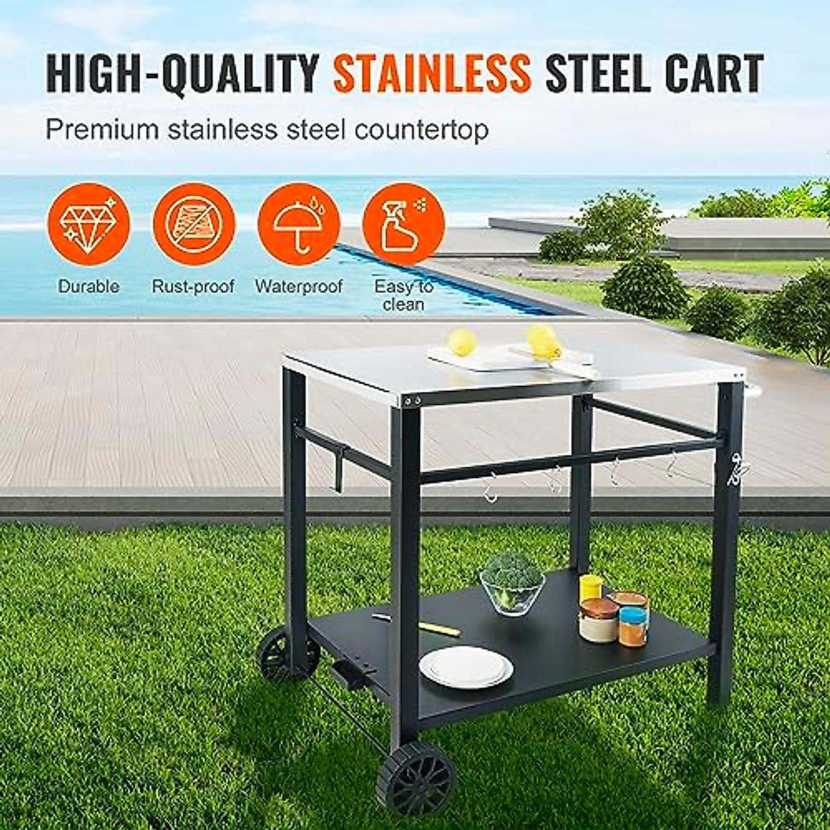 VEVOR Outdoor Grill Dining Cart with Double-Shelf, BBQ Movable Food Prep Table, Multifunctional Stainless Steel Table Top, Portable Modular Carts for Pizza Oven, Worktable with 2 Wheels, Carry Handle