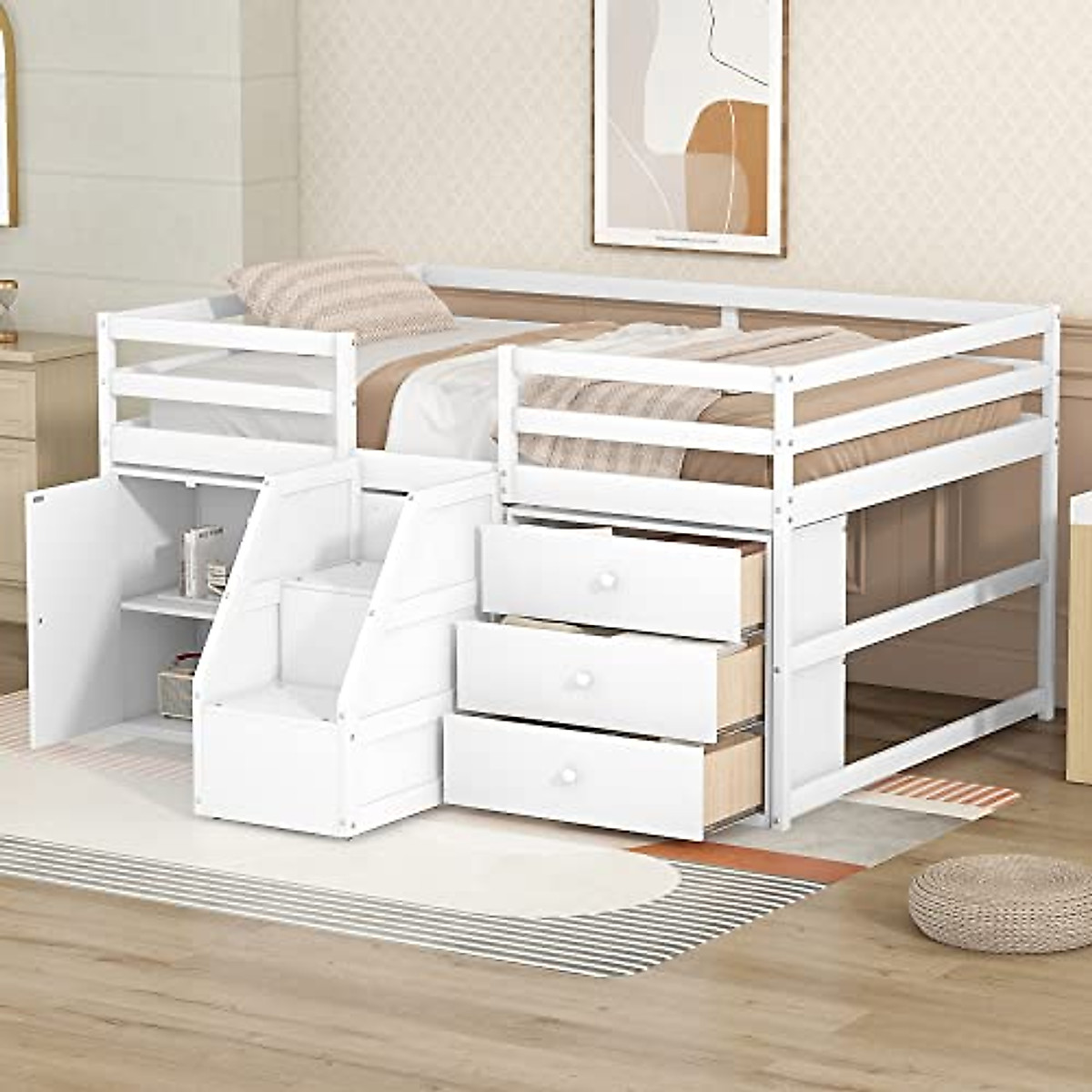 BIADNBZ Versatile Low Loft Bed Full Size, Wood Loftbed Frame with Storage Drawers and Cabinets, Hanging Clothes at The Back of The Staircase, for Kids Teens Boys Girls Bedroom,White