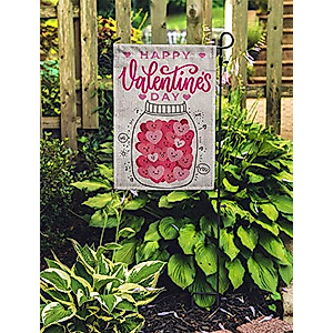 PAMBO Happy Valentines Day Garden Flag 12x18 Double Sided Burlap Hearts & Bottle Flags for Valentine Day Garden Yard Outdoor Decoration