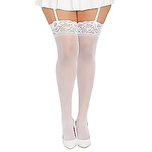 Dreamgirl Women's Plus-Size Lace Top Sheer Thigh-High Stockings, White, Queen/Small