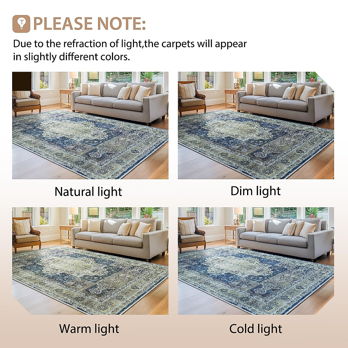 BESTSWEETIE 8x10 Area Rugs Machine Washable No Pile Non Slip Vintage Rugs for Living Room&Bedroom&Dinning Room Bohemian Distressed Carpet Indoor,Blue