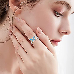 Blue Cubic Zirconia Butterfly Spinner Fidget Statement Rings for Women for Anxiety Rotate Freely Inspirations Jewelry Calming Worry Meditation Crochet Loop Expandable Adjustable Stacking Middle Finger Ring Daughter Dainty Birthday BFF Lover