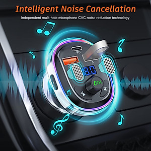 SONRU​ Bluetooth 5.3 Fm Transmitter for Car, Bluetooth Car Adapter with Dual USB Charger 48w Pd&Qc3.0 USB 7 Colored LED Backlit Light Support Handsfree Calling
