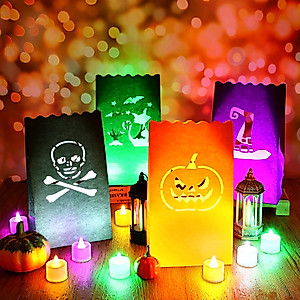Meanplan 48 Pcs Halloween Luminary Bags with LED Light Candles Set 24 Pcs Luminary Candle Bags 24 Pcs LED Tealight Candles Ghost Lantern Bags for Halloween Outdoor Indoor Patio Decorations (Novel)
