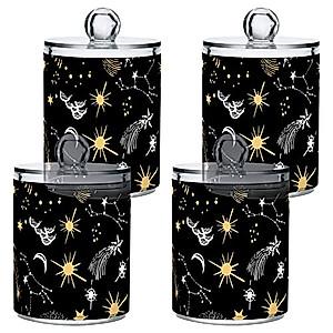 WELLDAY Apothecary Jars Bathroom Storage Organizer with Lid - 14 oz Qtip Holder Storage Canister, Yellow Stars and White Moon Clear Plastic Jar for Cotton Swab, Cotton Ball, Floss Picks, Makeup Sponge