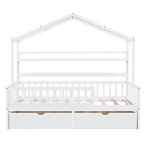 Bellemave Wooden Twin Size House Bed with 2 Drawers,Kids Twin Playhouse Platform Bed Frame with Storage Shelves,Montessori Bed for Kids Teens Girls & Boys (White)