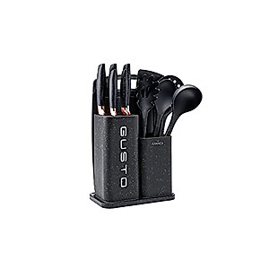 Karaca Gusto Knife and Chopping Board Set, 12 Pcs, Stainless Steel 5 Knives with Black Handles and 5 Pcs Kitchen Utensils with Special Stand including Cutting Board