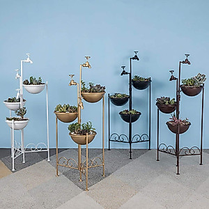 MKKM Plant Stand Black Faucet Style Iron Flower Plant Display Stand Retro Style, Industrial Style Simple and Stylish Design for Your Indoor Outdoor Living Room Multi Tier Flower Shelf,White