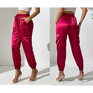 Women's Satin Cargo Joggers Pants Dressy Casual Silky Elastic High Waist Trousers Hot Pink