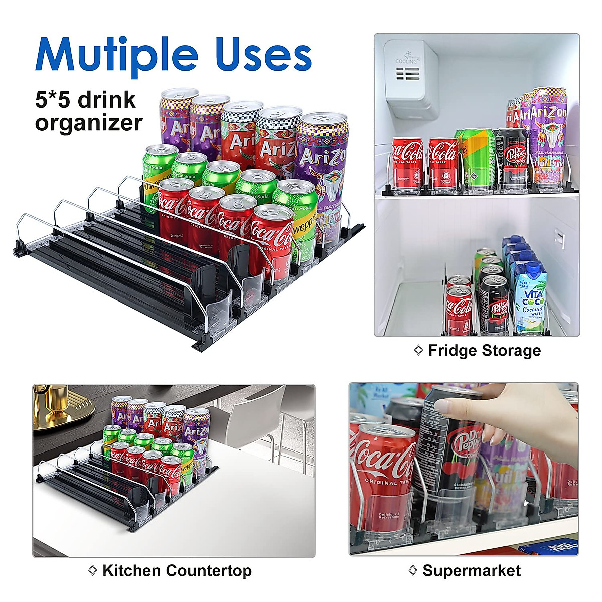 BUDO Drink Dispenser for Fridge, Soda Can Self-Pushing Organizer, Adjustable Width Beer Pop Water Bottle Storage for Refrigerator Kitchen Pantry (15inch, 5 Rows)
