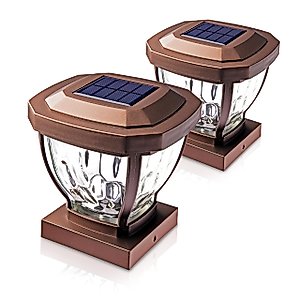 Home Zone Security Solar Post Cap Lights - Decorative Glass LED Outdoor 4x4 (3.5 x 3.5 in.) Post Lights, Bronze (2-Pack)