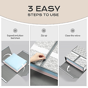 Yecaye 4 Pack Sheet Organizers and Storage, Bed Sheet Organizer for Linen Closet, Foldable Sheet Set Organizer with Clear Window and Label (Queen & King Size), Bedding Storage Box Container, Grey