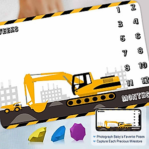 Construction Baby Monthly Milestone Blanket for Boys and Girls, Excavator Truck Month and Age Blanket, 48x40in Soft Flannel, White Monthly Newborn Gift Baby Photo Blanket