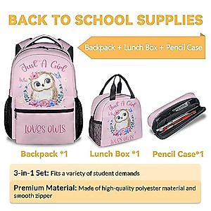 UNIKITTY Owl Backpack with LunchBox, Set of 3 School Backpacks Matching Combo, Cute Pink Bookbag and Pencil Case Bundle