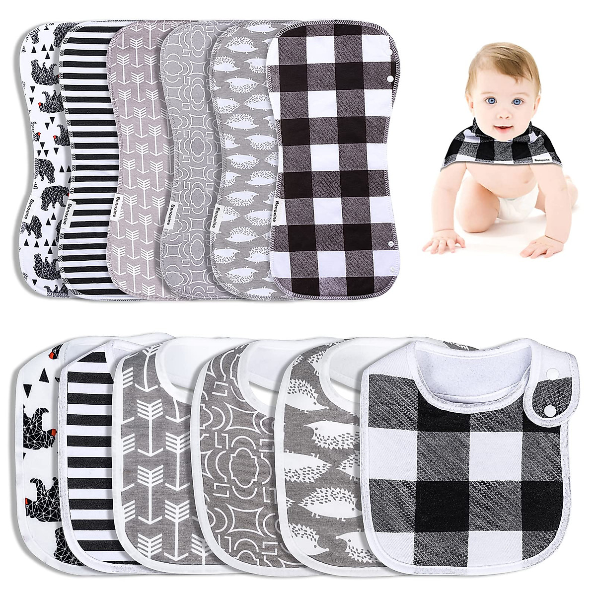 Burp Cloths & Baby Bibs Set 2-in-1 Cotton Super Absorbent and Soft Baby Spit Up Burping Rags for Boys and Girls